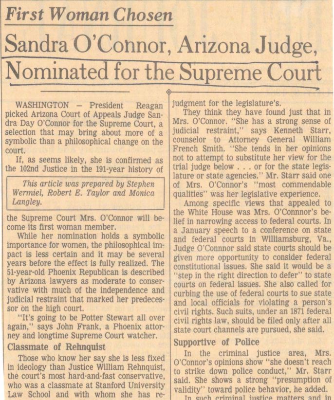 First Woman Chosen: Sandra O'Connor, Arizona Judge, Nominated for the ...