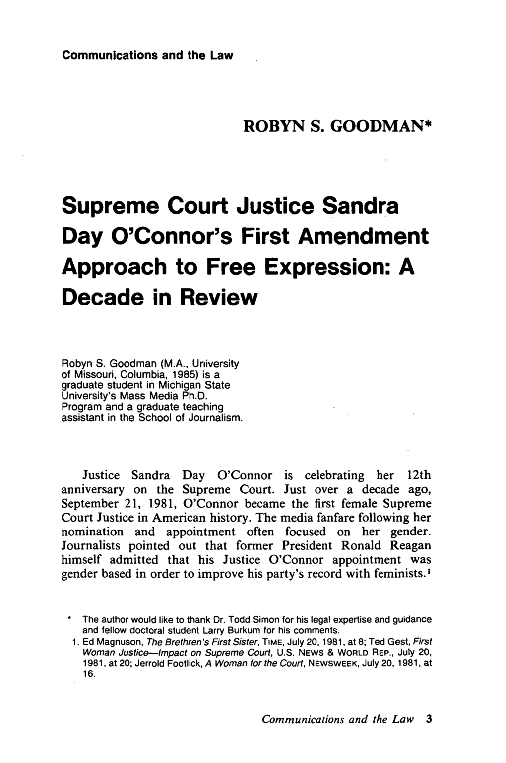 Supreme Court Justice Sandra Day O'Connor's First Amendment Approach to ...
