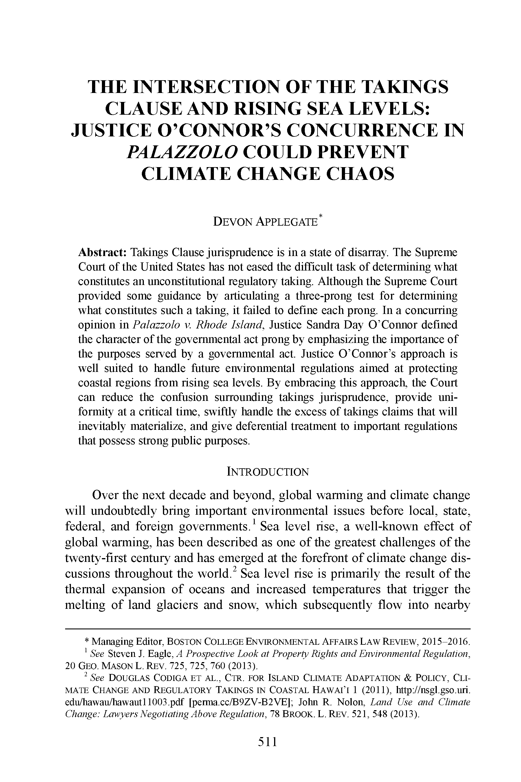 The Intersection of the Takings Clause and Rising Sea Levels: Justice O ...