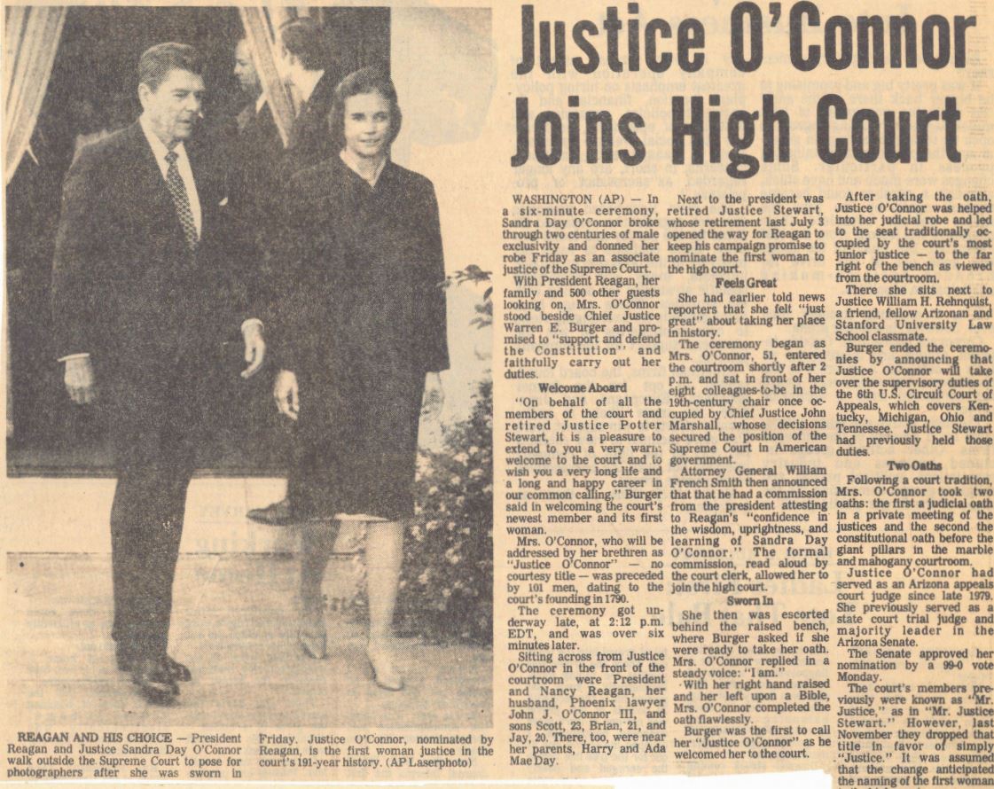 Justice O'Connor Joins High Court - Sandra Day O'Connor Institute Library